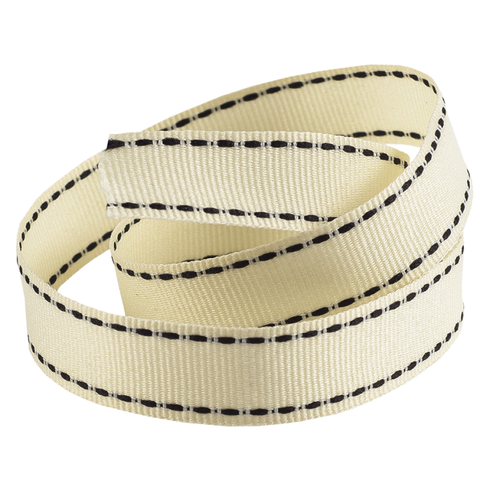 Cream Grosgrain Ribbon With Black Stitching 16mm width | Tiny Box Company